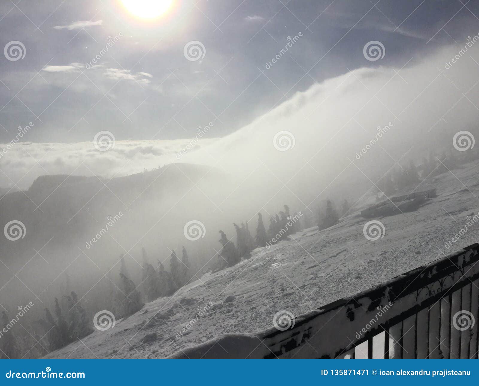 Snow in the air stock image. Image of view, snow, chalet - 135871471