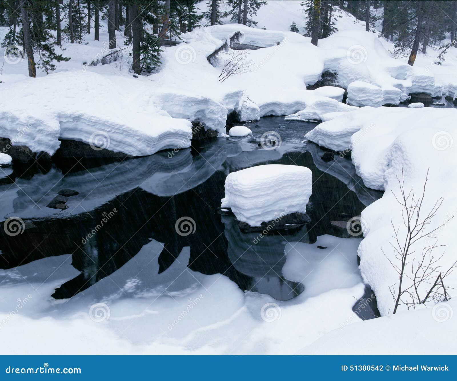 Snow Along River and Black Water Reflections Stock Photo - Image of ...