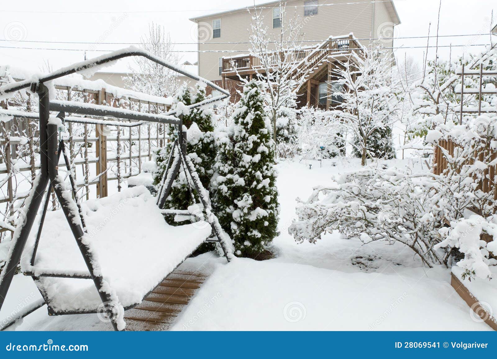 Snow at backyard stock image. Image of weather, deck - 28069541