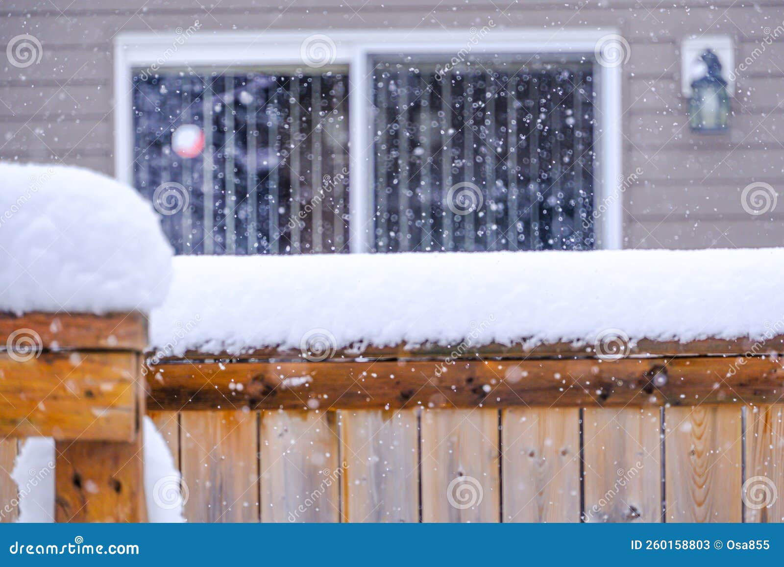 Snow on Backyard Fence during Winter Snowstorm Stock Image - Image of ...