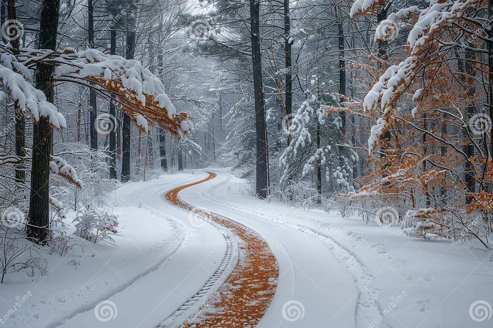 Snow-blanketed Forest Path with Pine Trees Gracefully Draped in Fresh ...