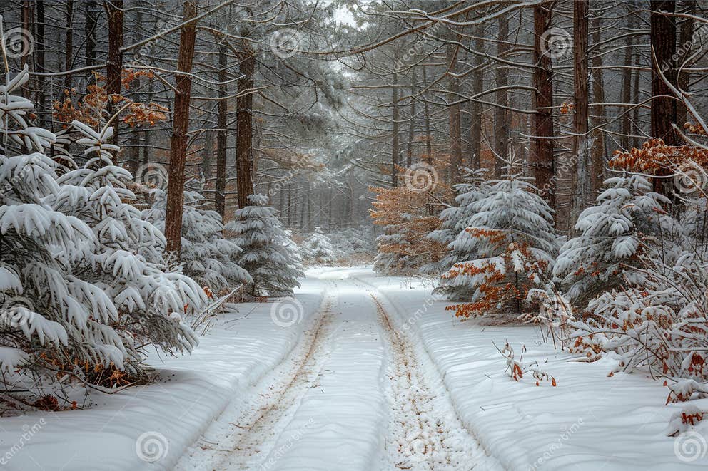 Snow-blanketed Forest Path with Pine Trees Gracefully Draped in Fresh ...