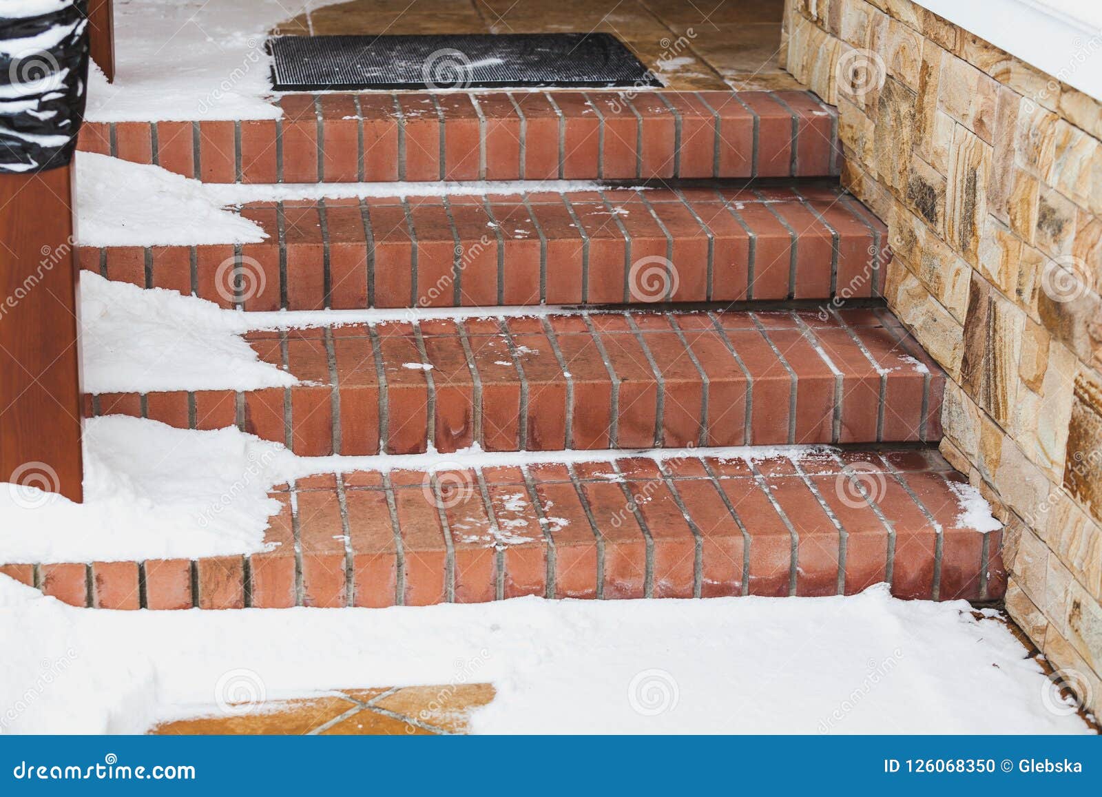 Snow on brick steps stock photo. Image of brick, exit - 126068350