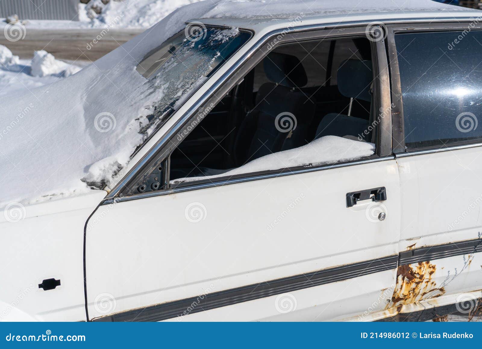 Snow in the Broken Window of an Old Car in Winter Stock Photo - Image ...