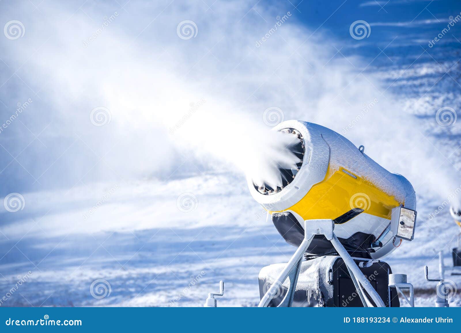 Snow Cannon in Winter Mountains. Snow-gun Spraying Artificial Ice ...
