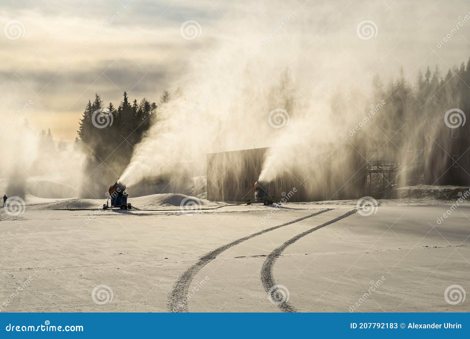 Snow Cannon in Winter Mountains. Snow-gun Spraying Artificial Ice ...