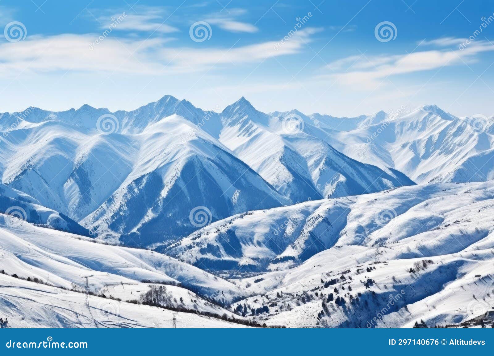 Snow-capped Mountain Range Backdrop of a Ski Resort Stock Photo - Image ...