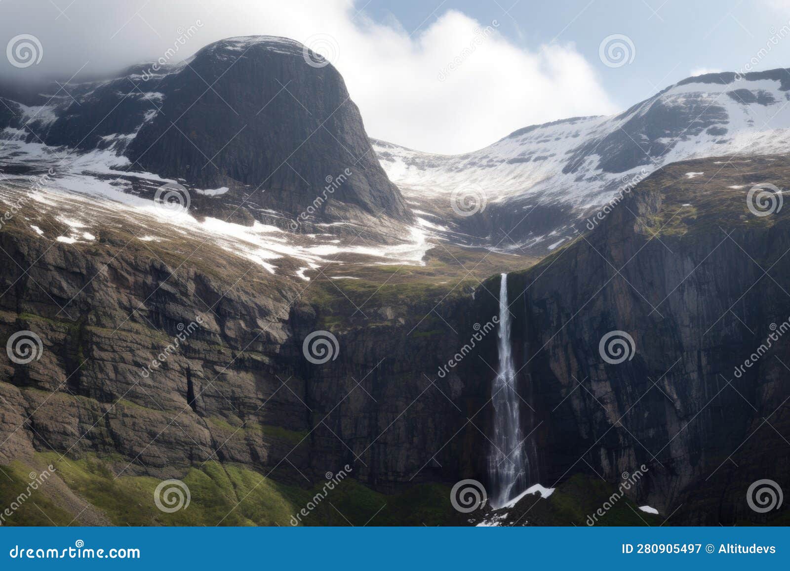 Snow-capped Mountain Range, with a Waterfall Cascading Down the Face of ...