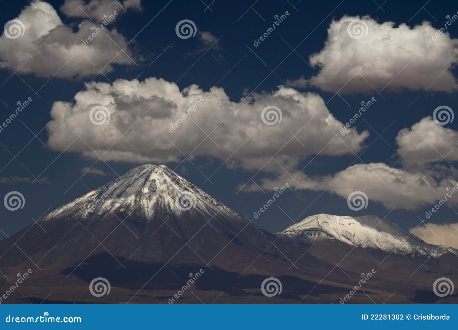 Snow Capped Volcano with Blue Sky and White Clouds Stock Photo - Image ...