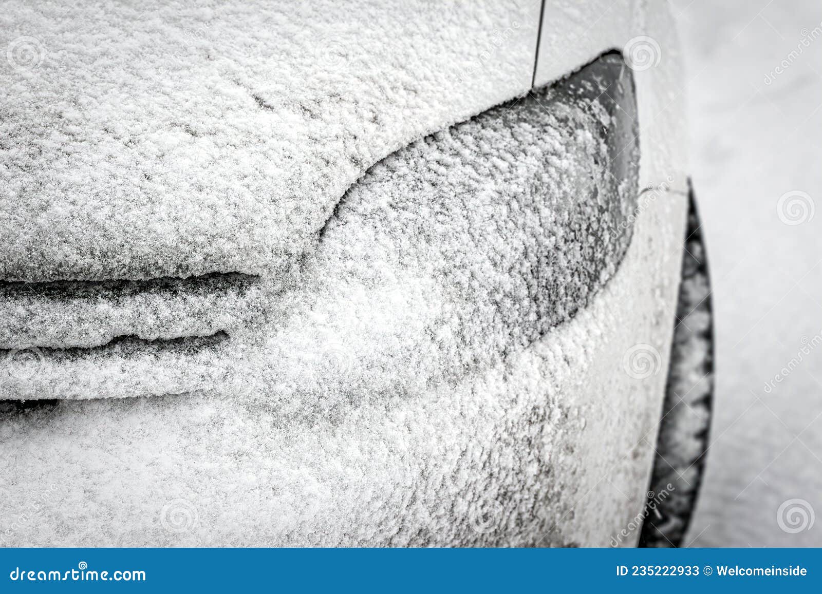 Snow Car Covered Icing. Blizzard Snow Sticking on Car Body and Light ...