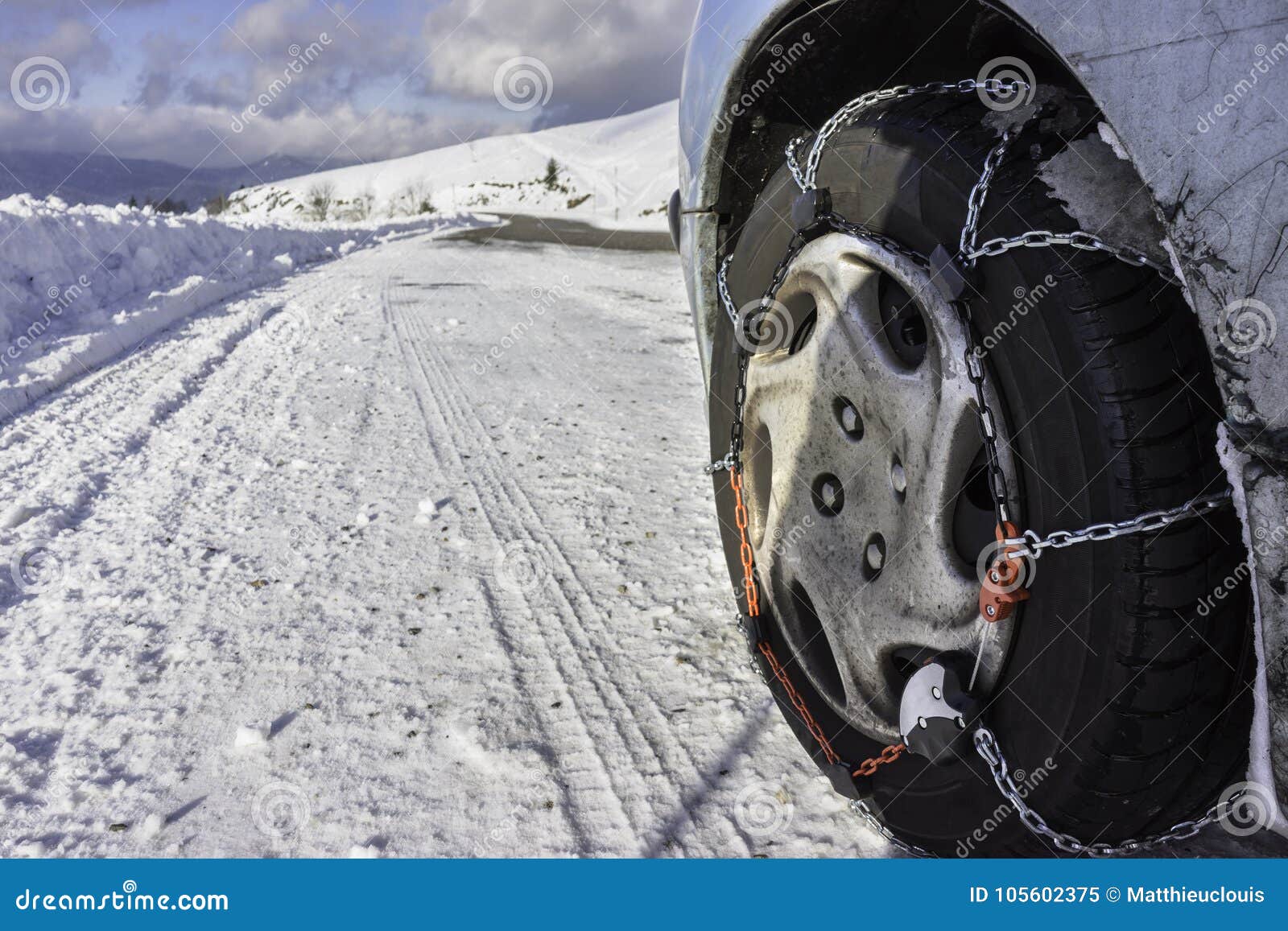 Snow Chain Mounted on Car Wheel Stock Image - Image of frosty ...