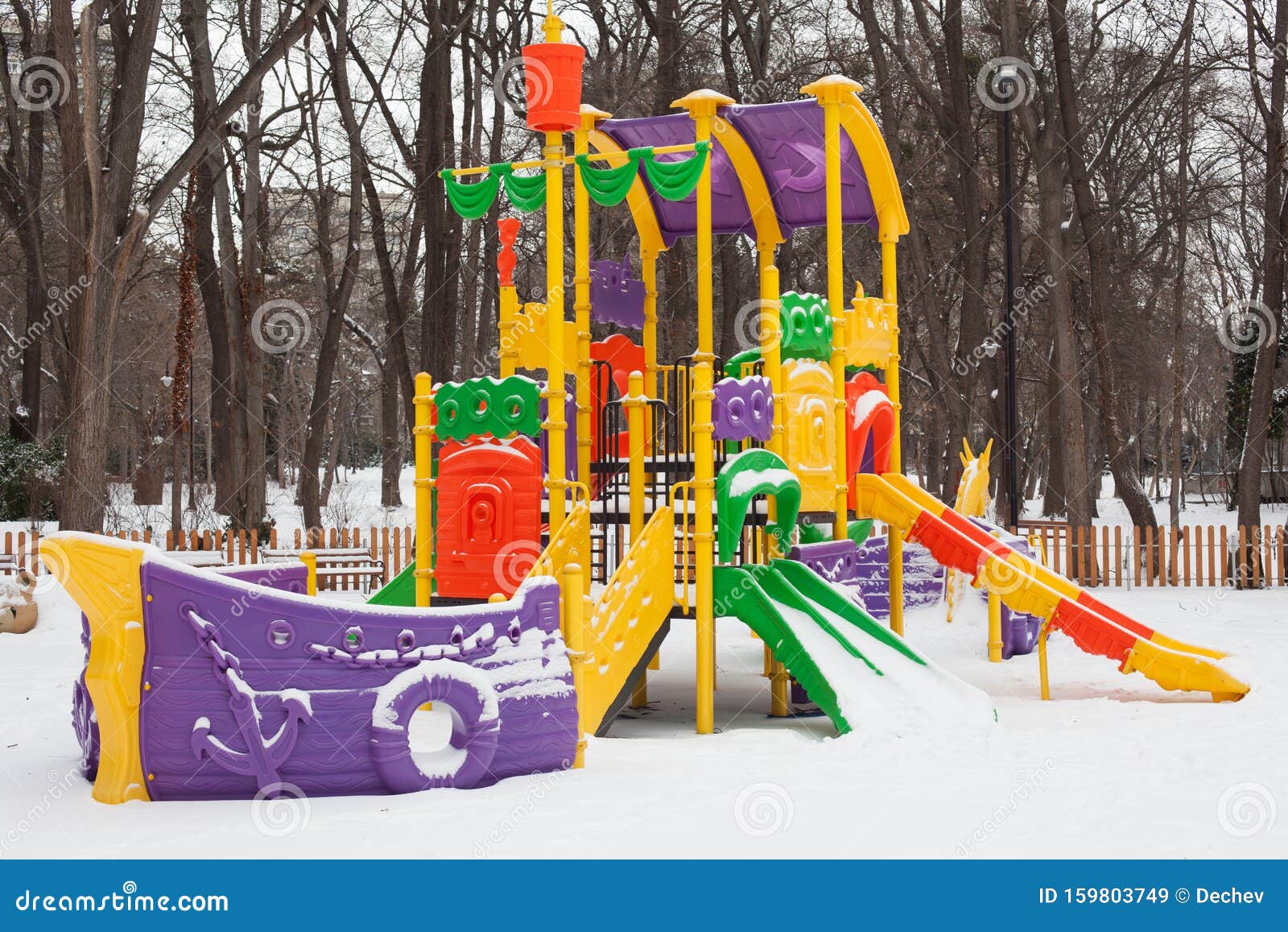 Empty Snow Children Playground in the Park in Winter Time Stock Image ...