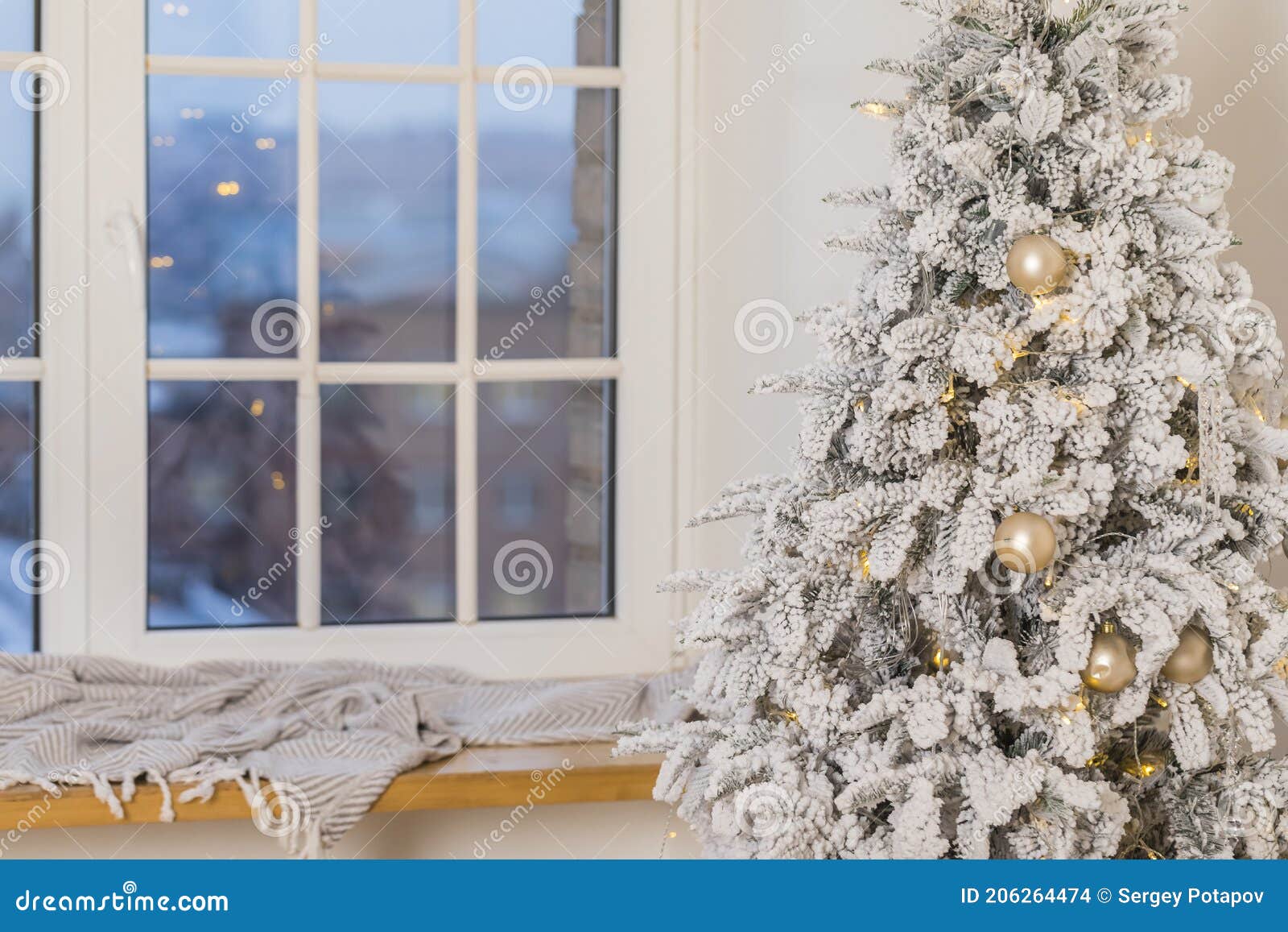 Snow Christmas Tree at the Window in the Evening Stock Photo - Image of ...