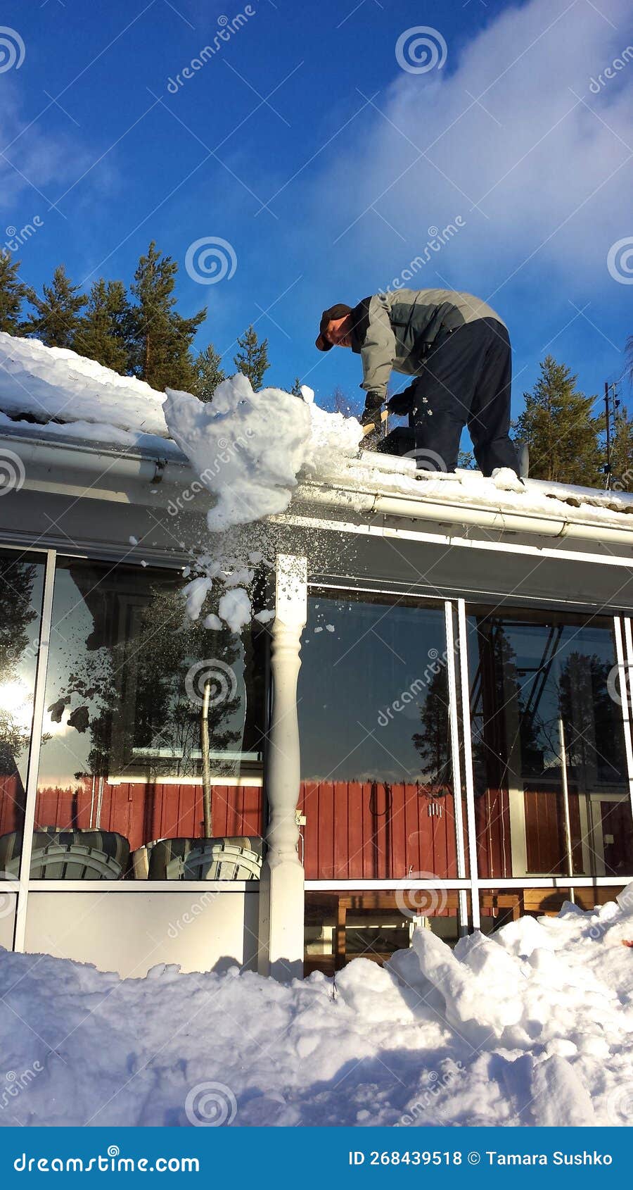 Snow Cleaning from Veranda, North of Sweden Stock Photo - Image of ...