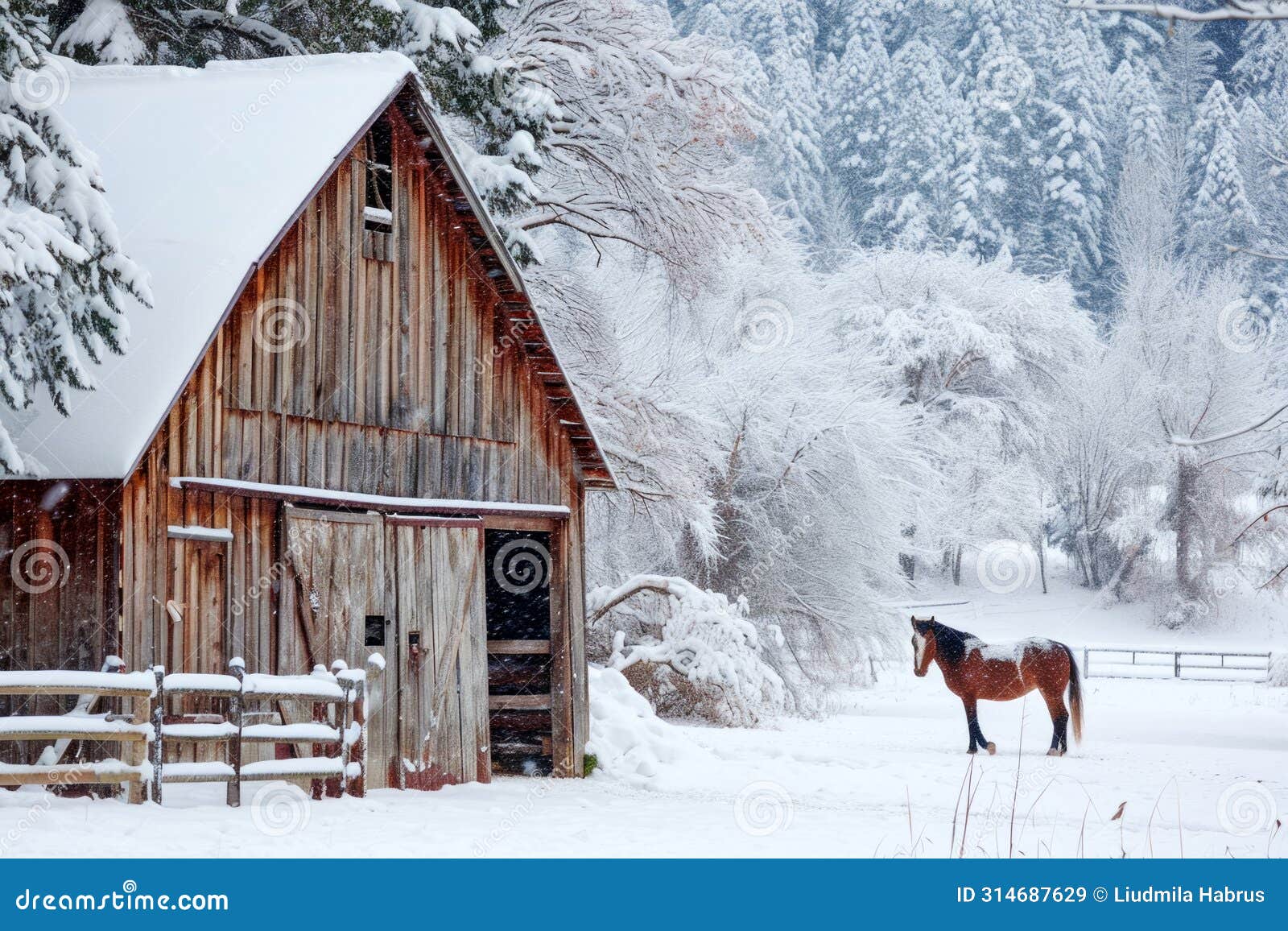 Snow-covered Barn with a Horse Stock Image - Image of rural, building ...