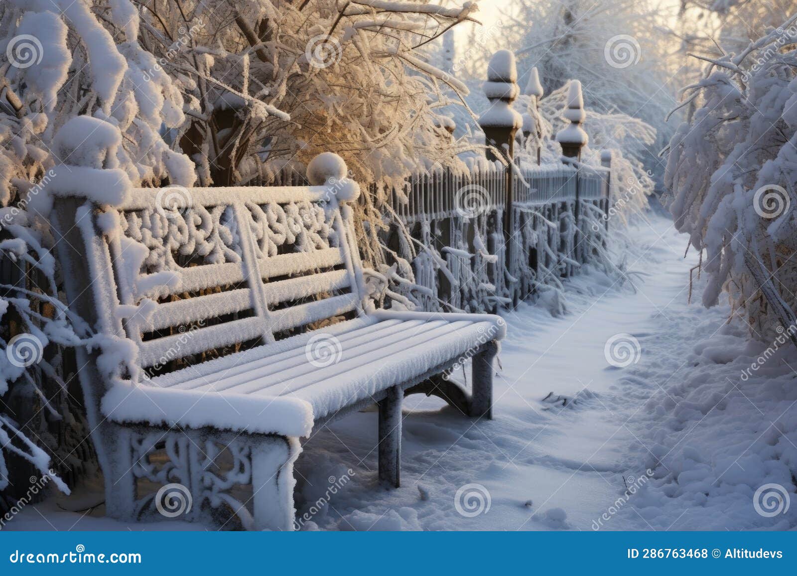 Snow-covered Bench Near Icy Walkway Stock Photo - Image of bench ...