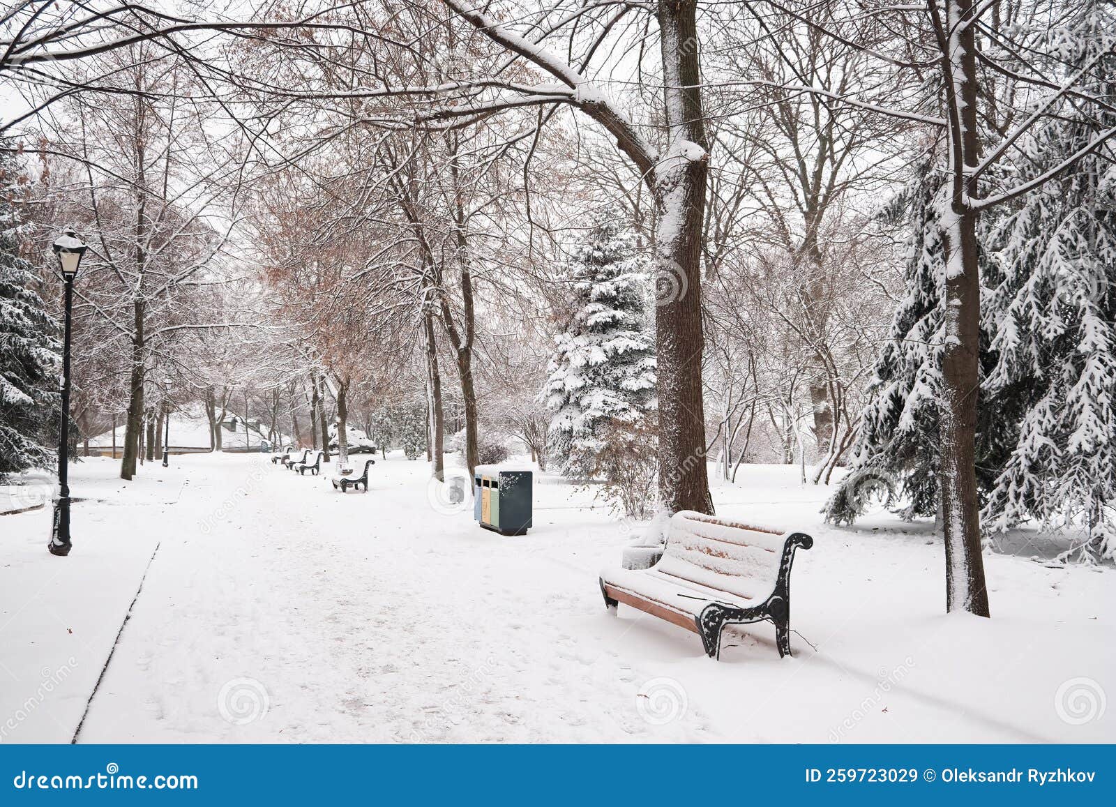 Snow Covered Bench in a Park Stock Image - Image of park, covered ...