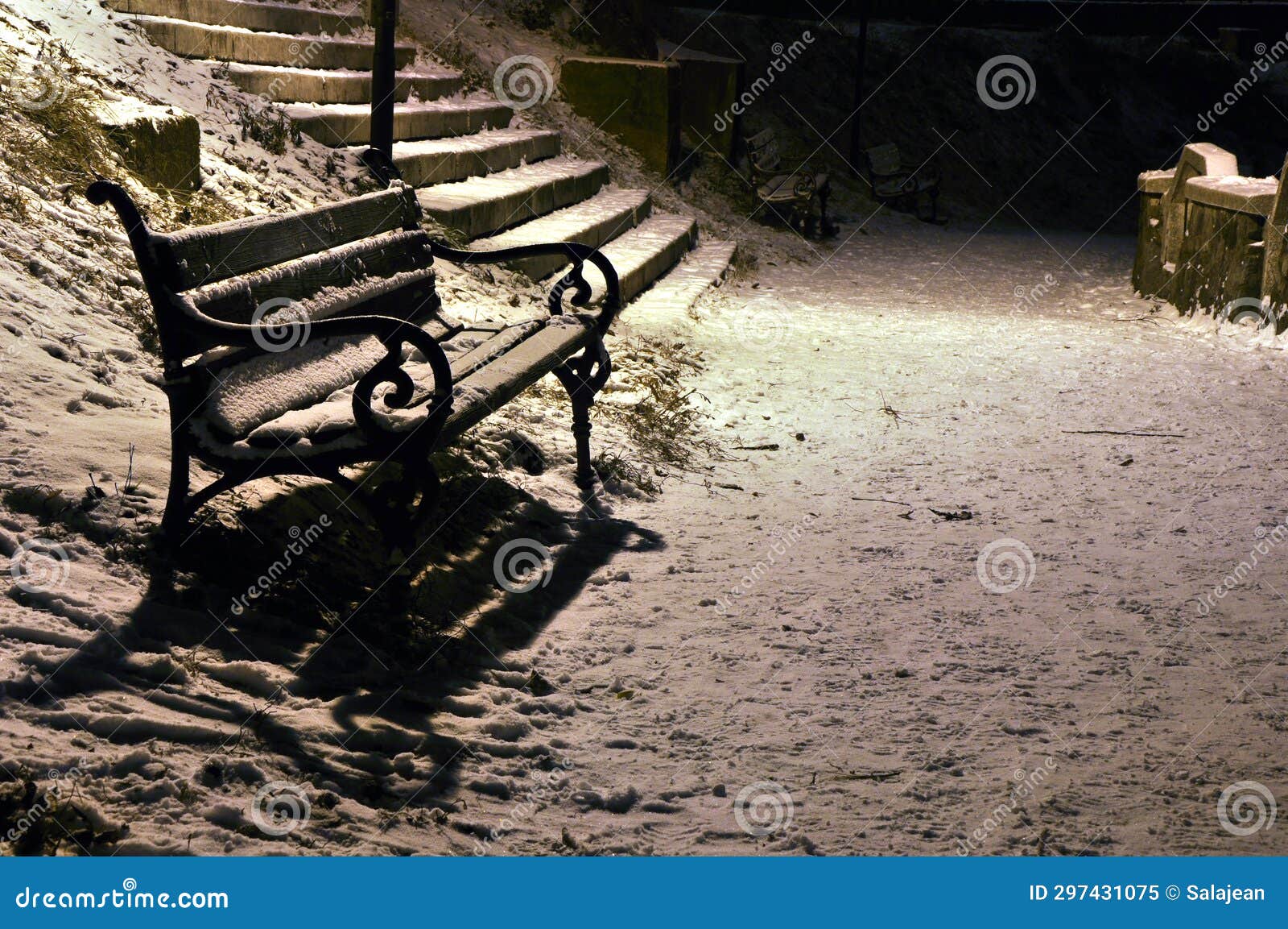 Snow Covered Bench in the Winter at Night Stock Image - Image of dark ...