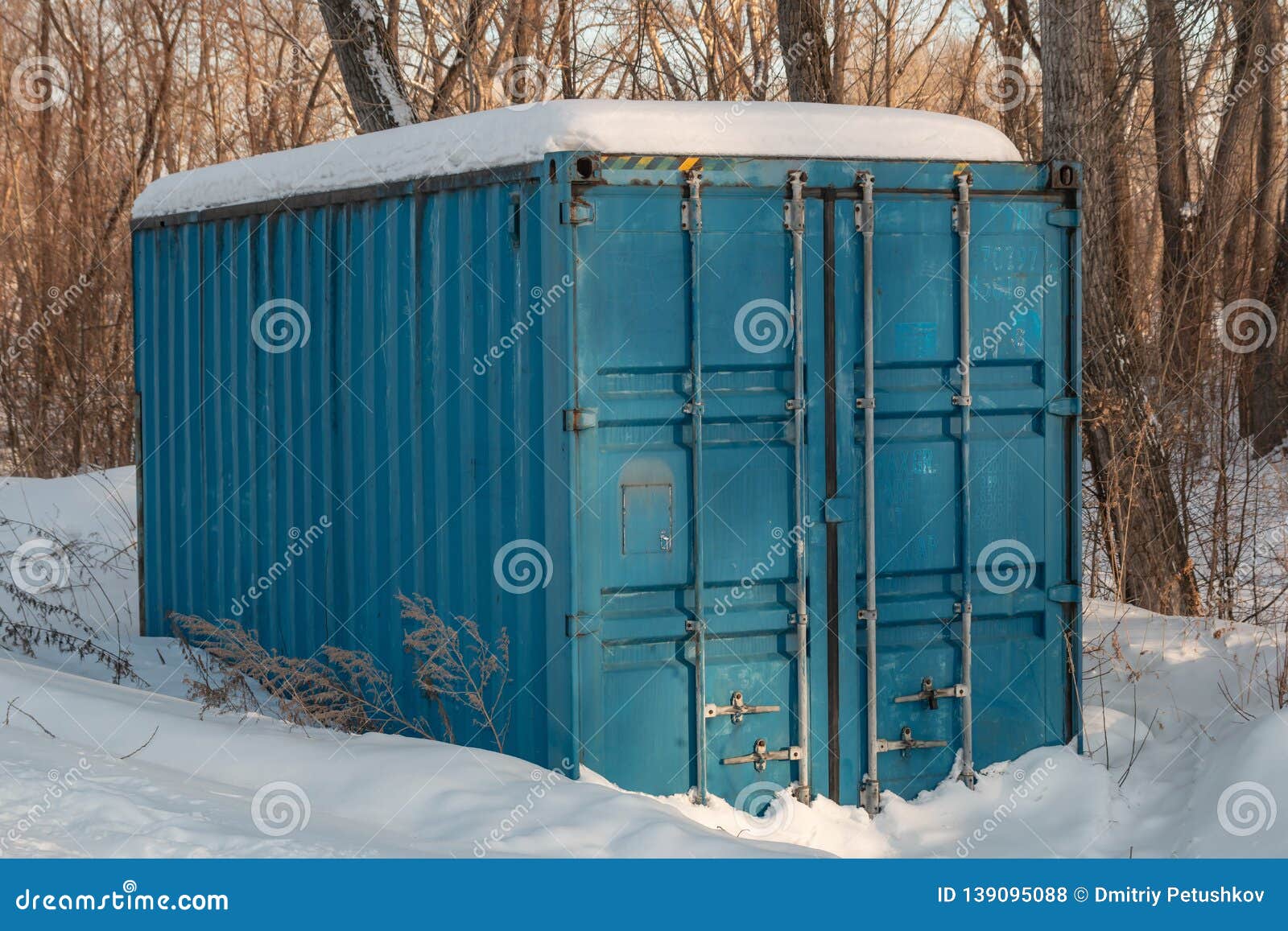 Snow Covered Blue Container in Winter Outdoors Stock Photo - Image of ...