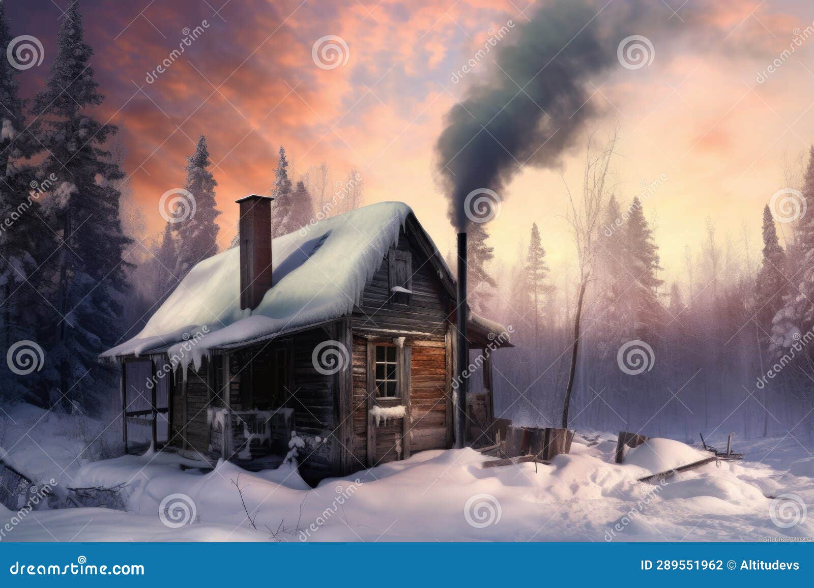 Snow-covered Cabin with Smoke from Chimney Stock Photo - Image of ...