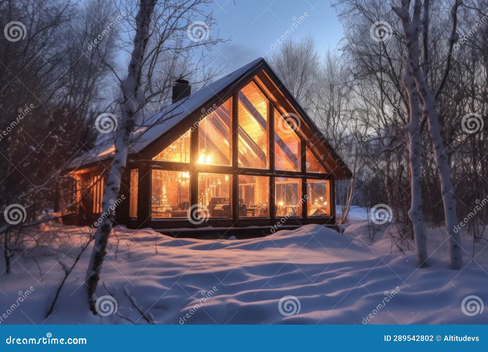 Snow-covered Cabin with Warm Glowing Windows Stock Illustration ...