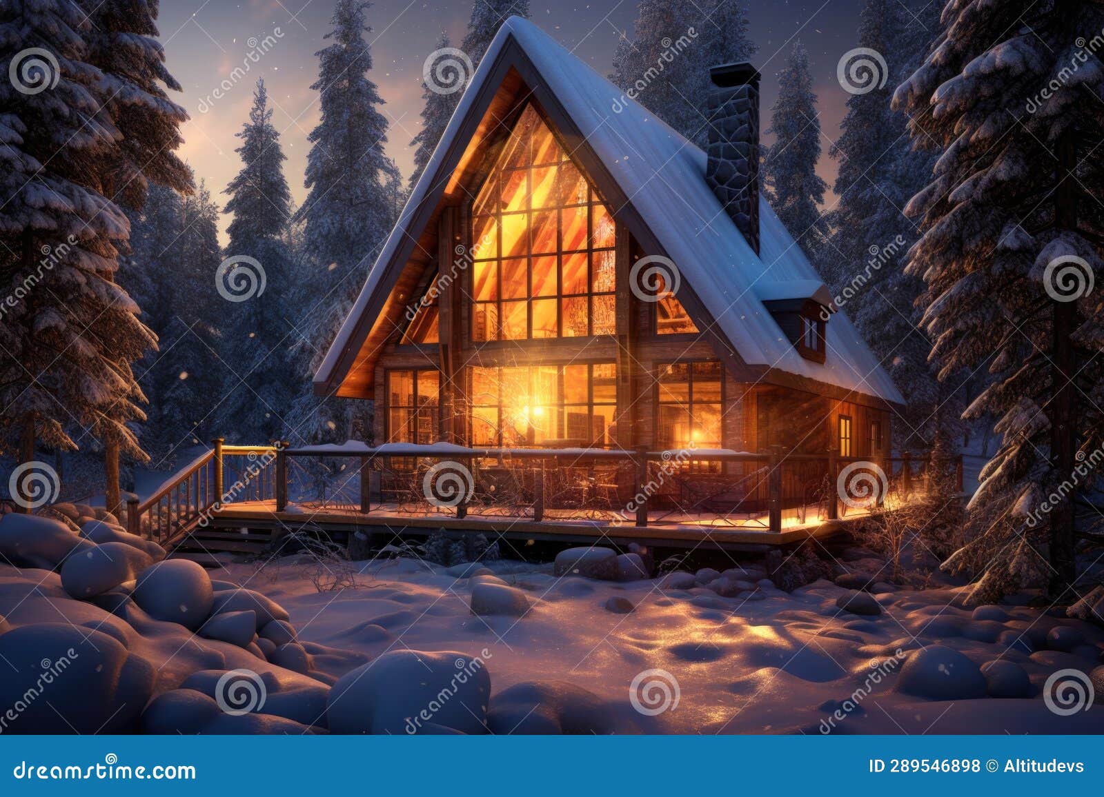 Snow-covered Cabin with Warm Glowing Windows Stock Photo - Image of ...