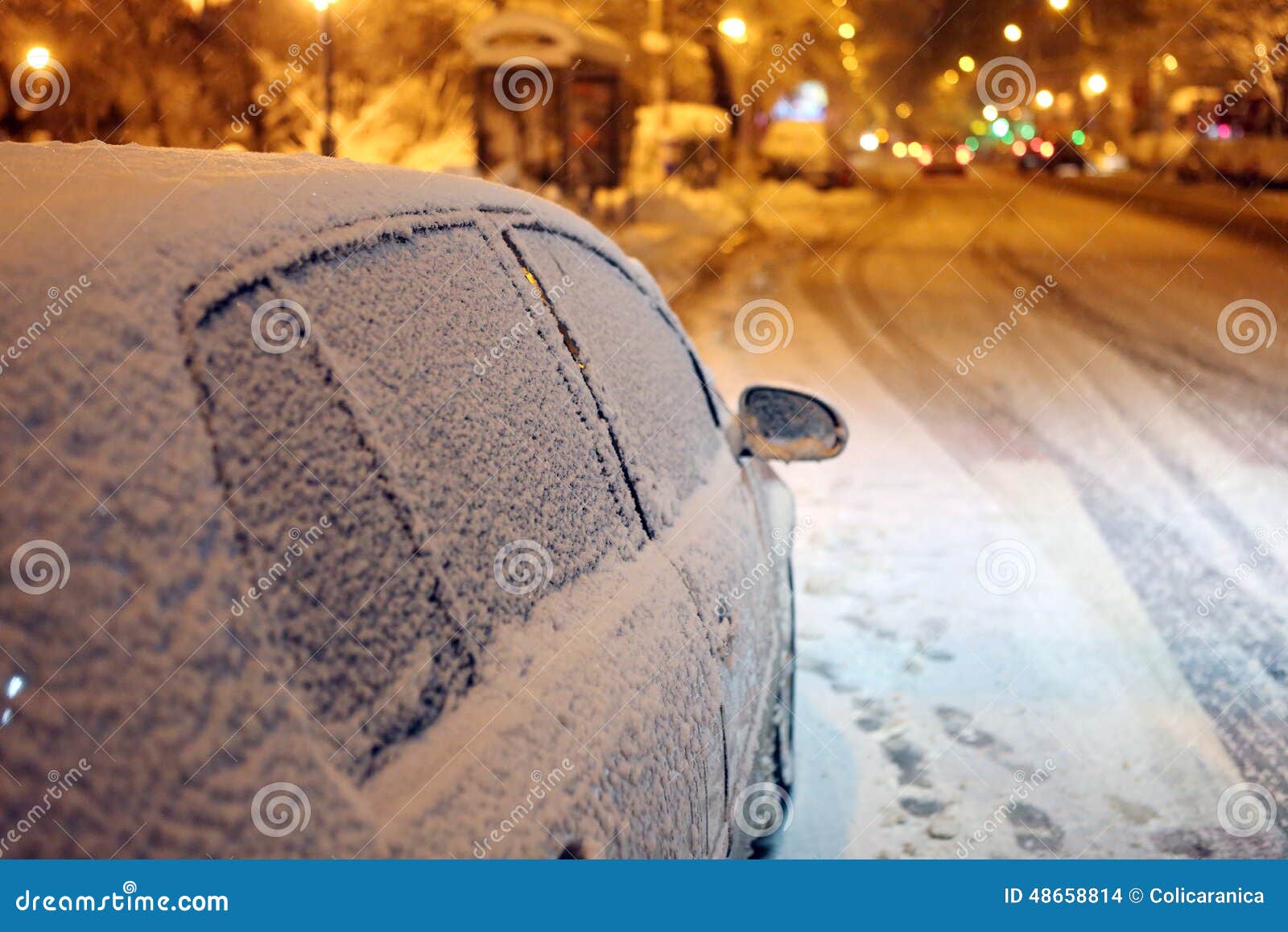 Snow covered car stock photo. Image of snowy, night, roads - 48658814