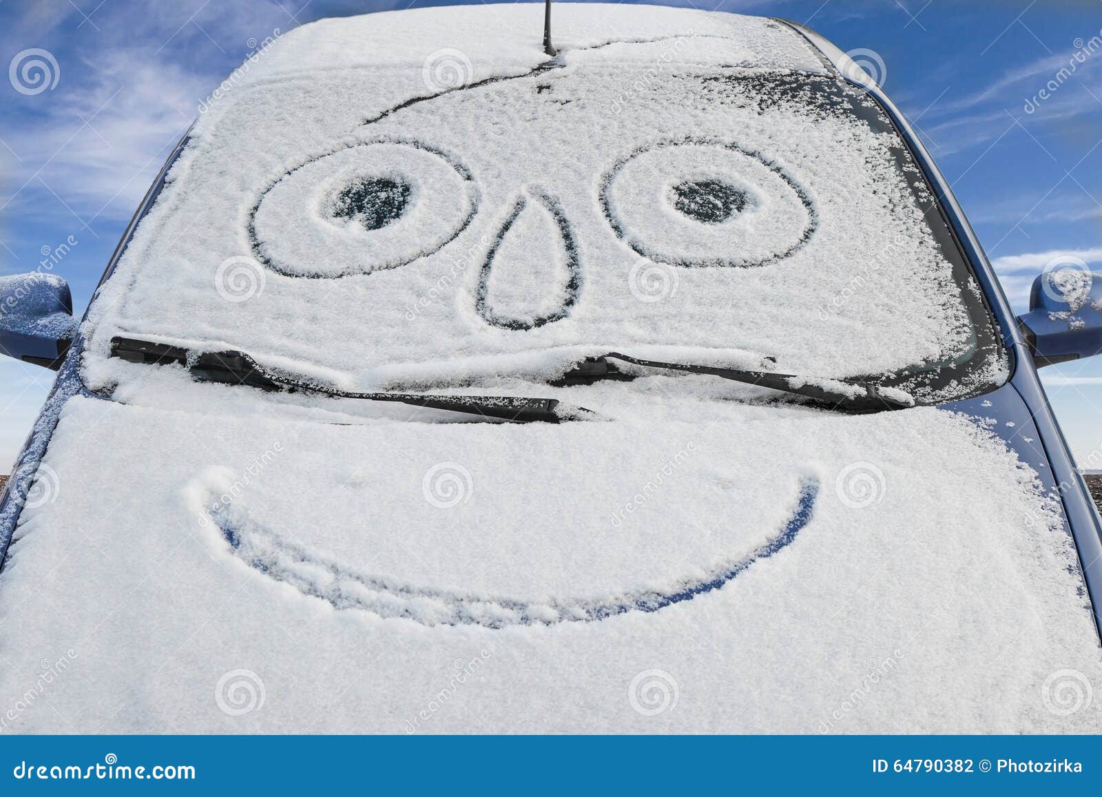 Snow-covered Car with Smiley Stock Photo - Image of blue, happy: 64790382
