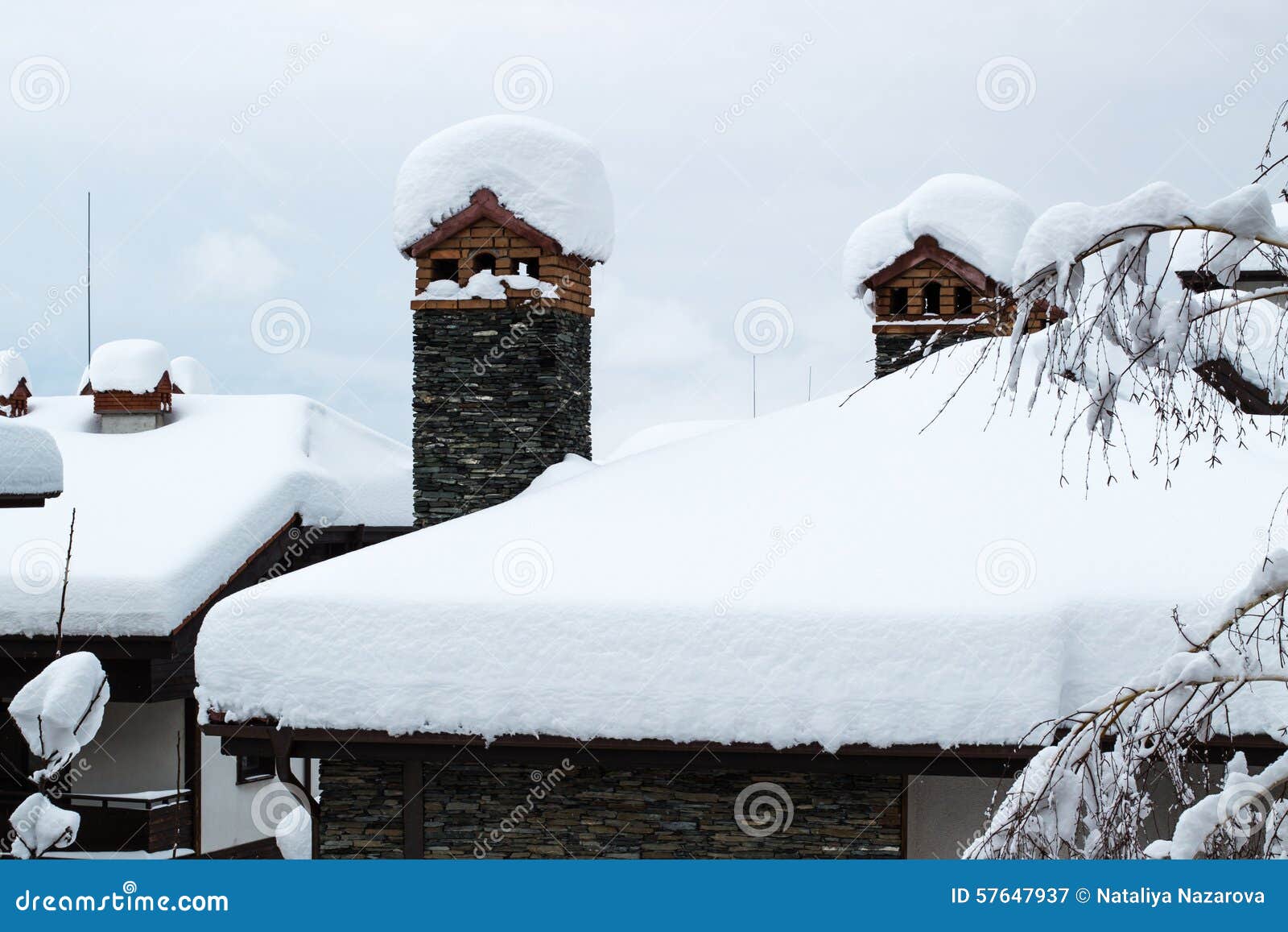 Snow Covered Chimney and Roof Stock Image - Image of peaceful, resort ...