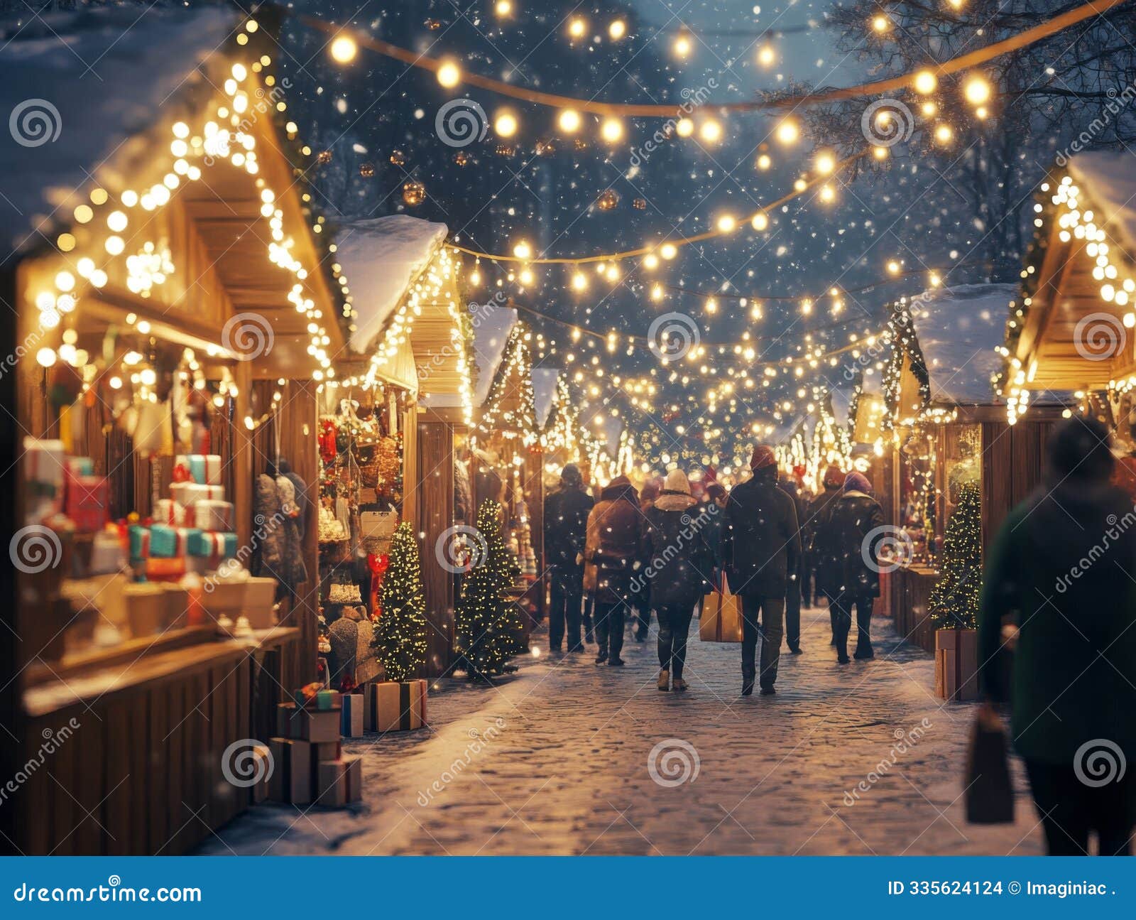 Snow-Covered Christmas Market with People Walking through a Path Lit ...