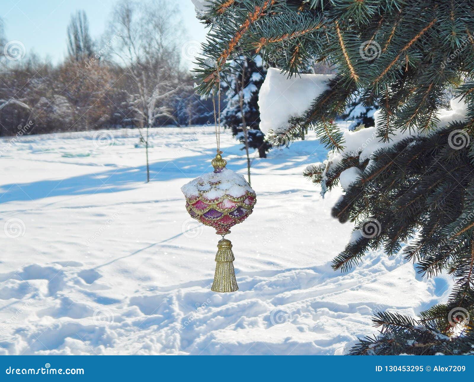 Snow Covered Christmas Tree Stock Image - Image of decorations, snow ...