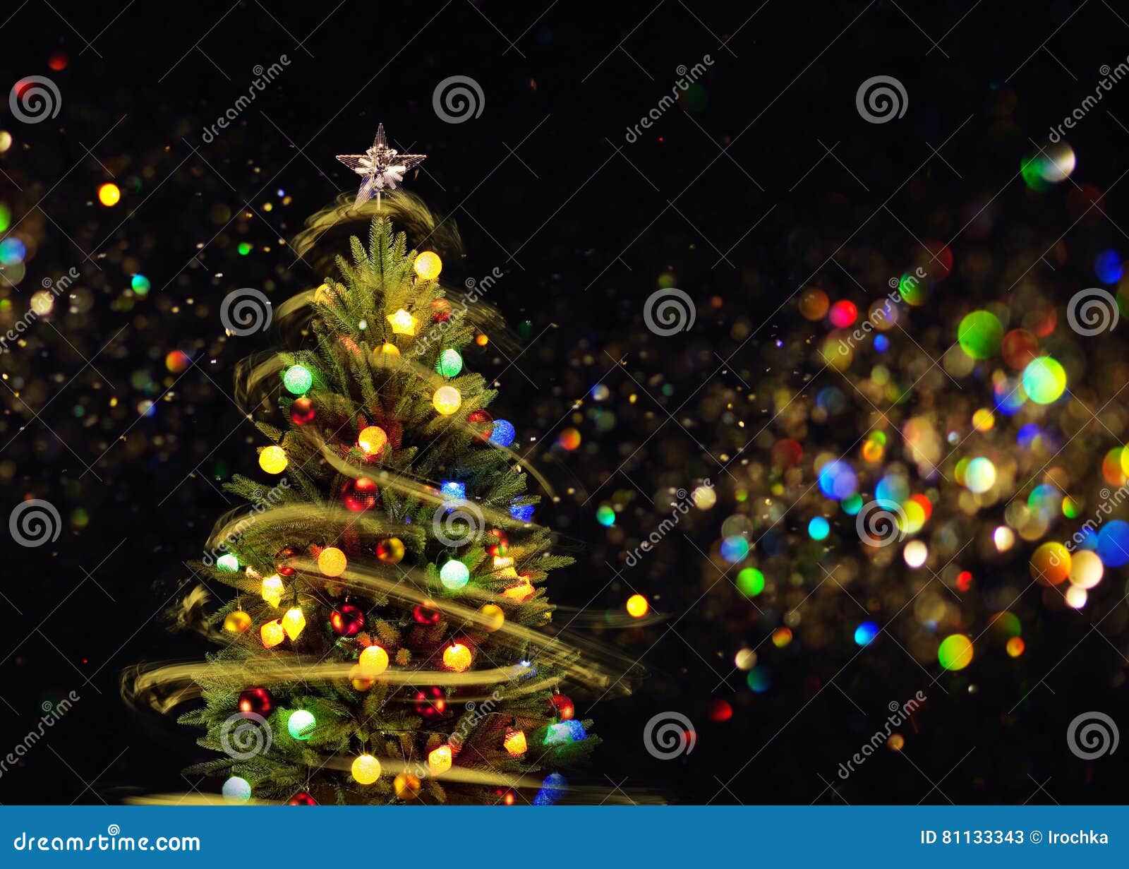 Snow Covered Christmas Tree with Multi Colored Lights Stock Image ...