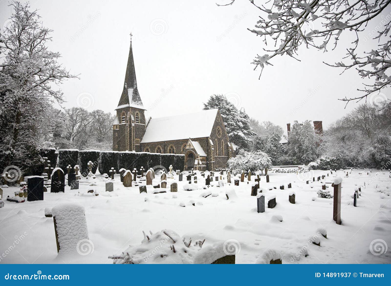 Snow Covered Church and Grave Yard Stock Image - Image of winter, tower ...