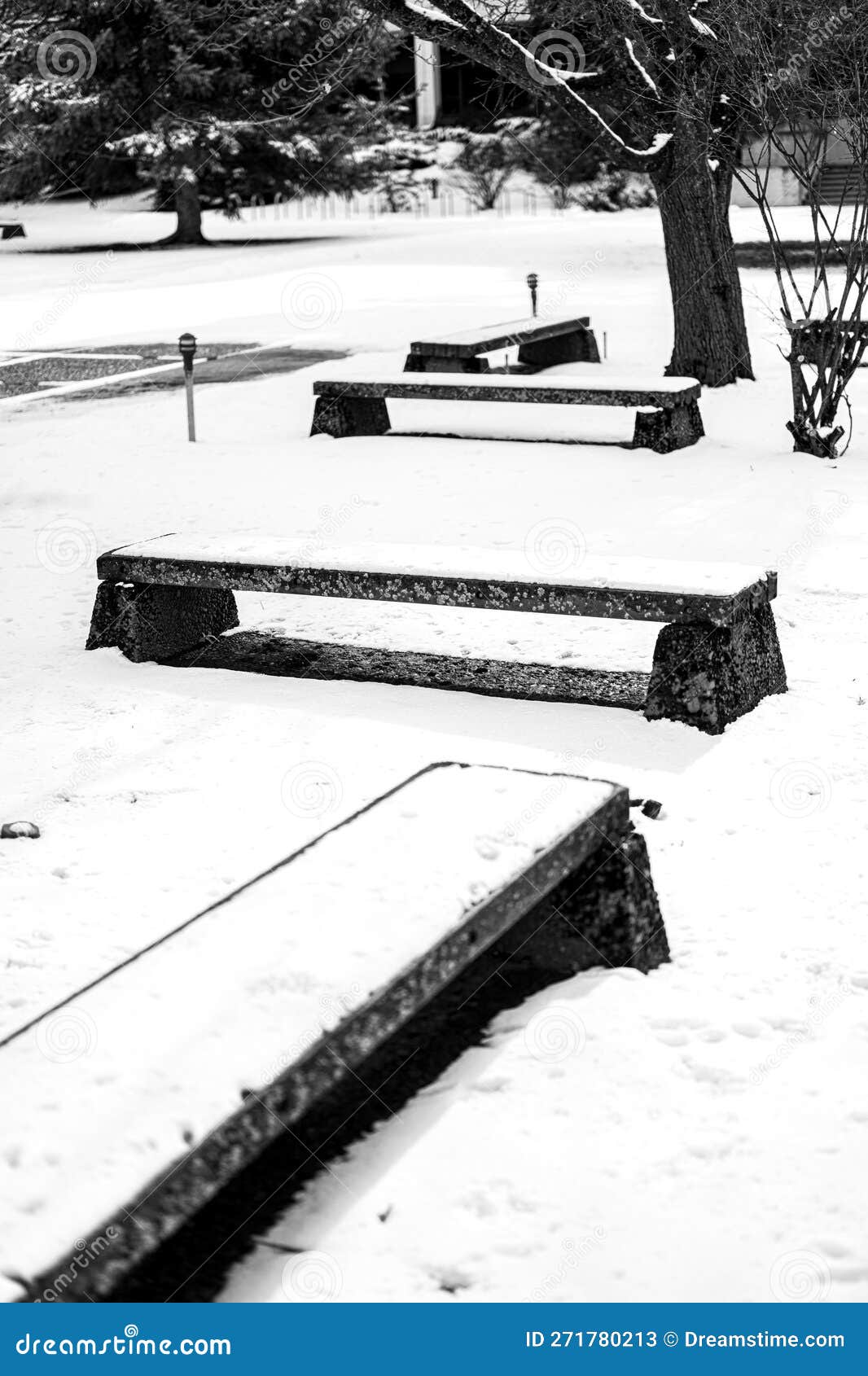 Snow Covered Benches stock image. Image of landscape - 271780213