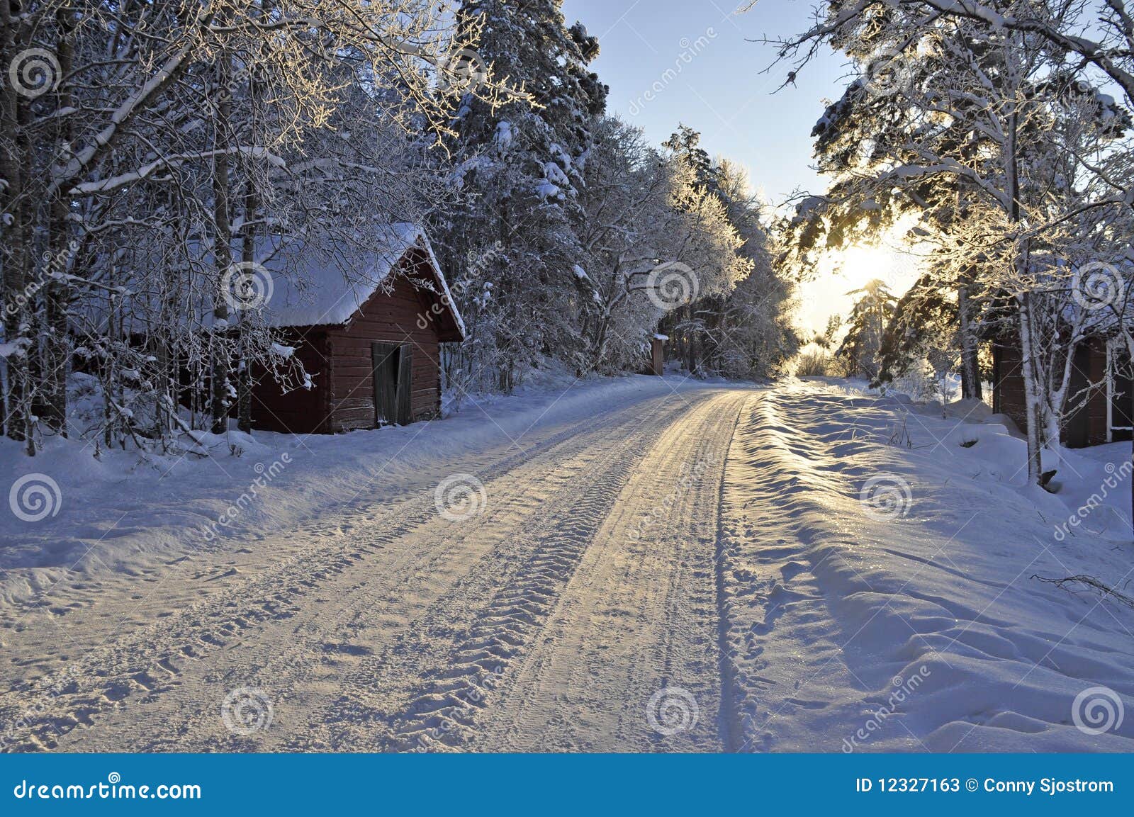 Snow covered country road stock image. Image of sunny - 12327163