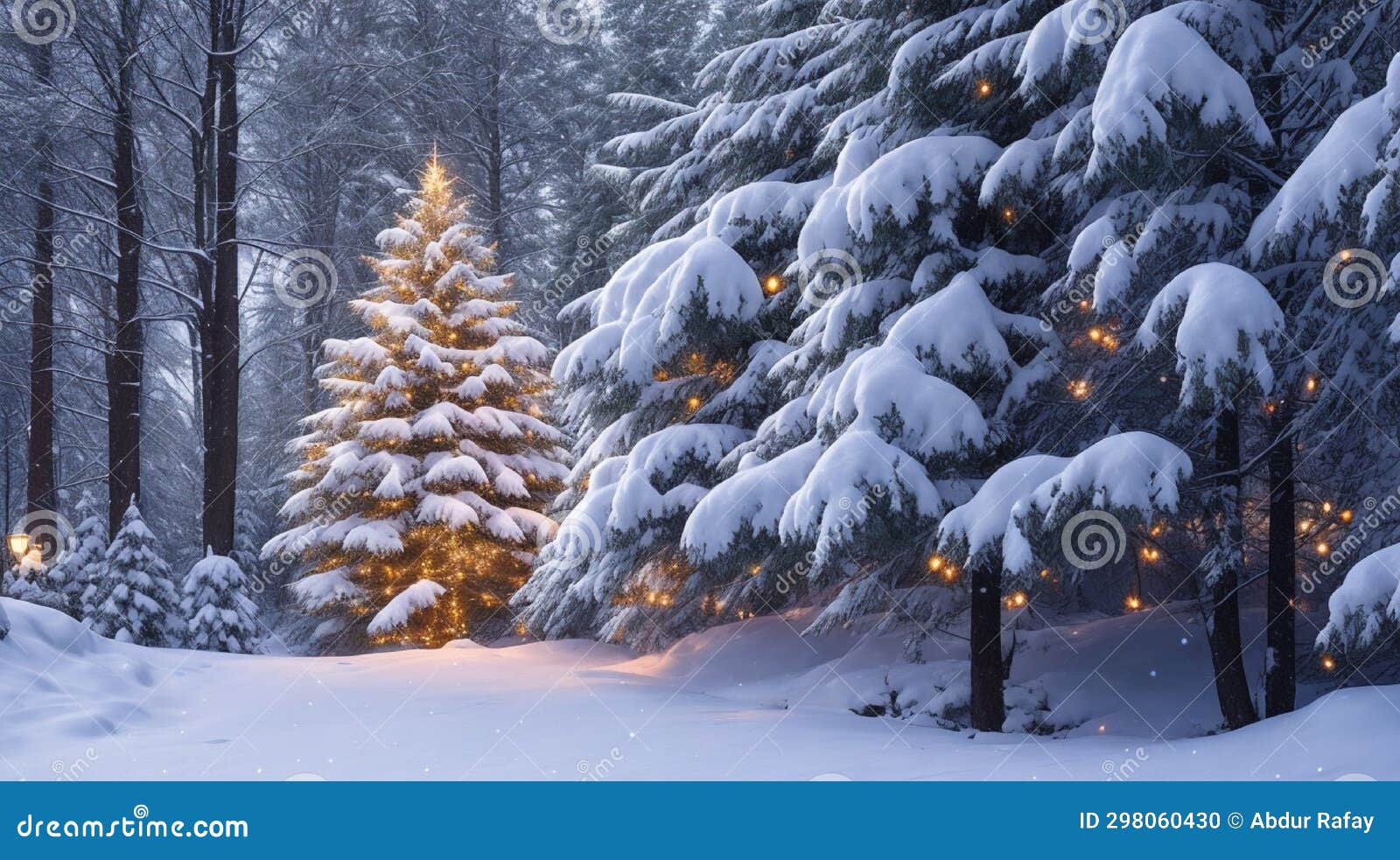 Snow-covered Evergreen Trees Adorned with Twinkling Lights Stock ... Snow-covered Evergreen Trees Adorned with Twinkling Lights Stock ...