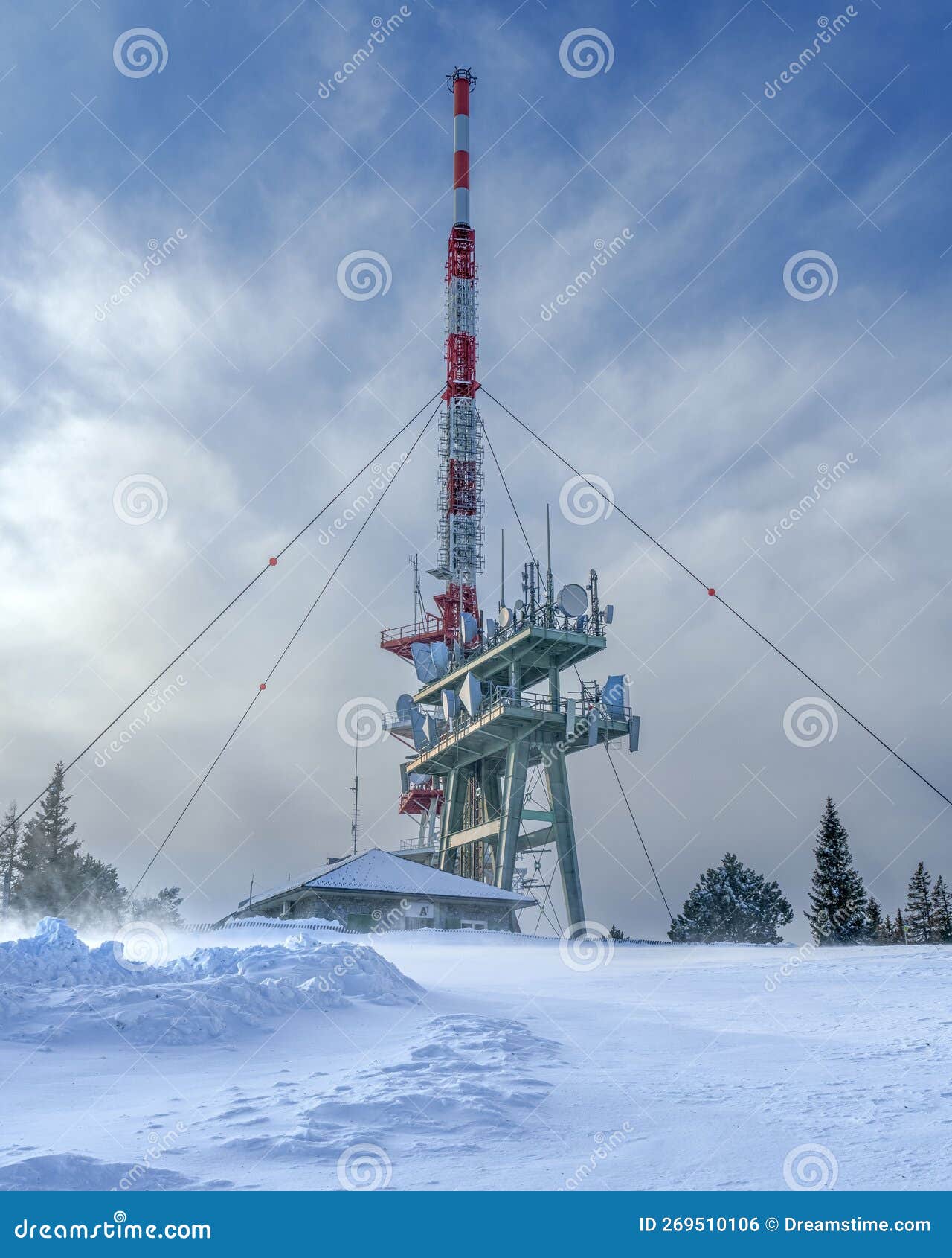 Snow Covered Field with Tower Surrounded by Dense Trees Stock Photo ...