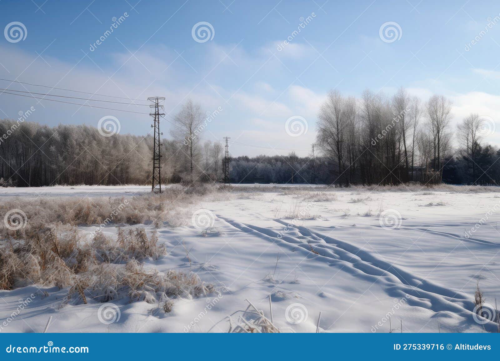 Snow-covered Field, with Trees and Power Lines Visible in the Distance ...