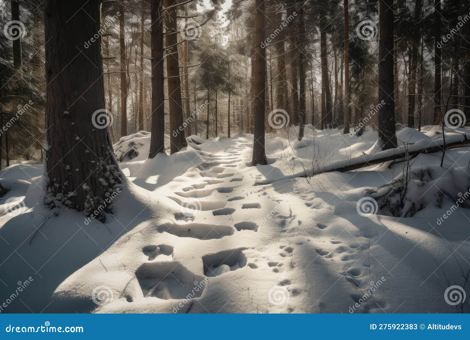 Snow-covered Forest, with Footprints Leading the Way Stock Illustration ...