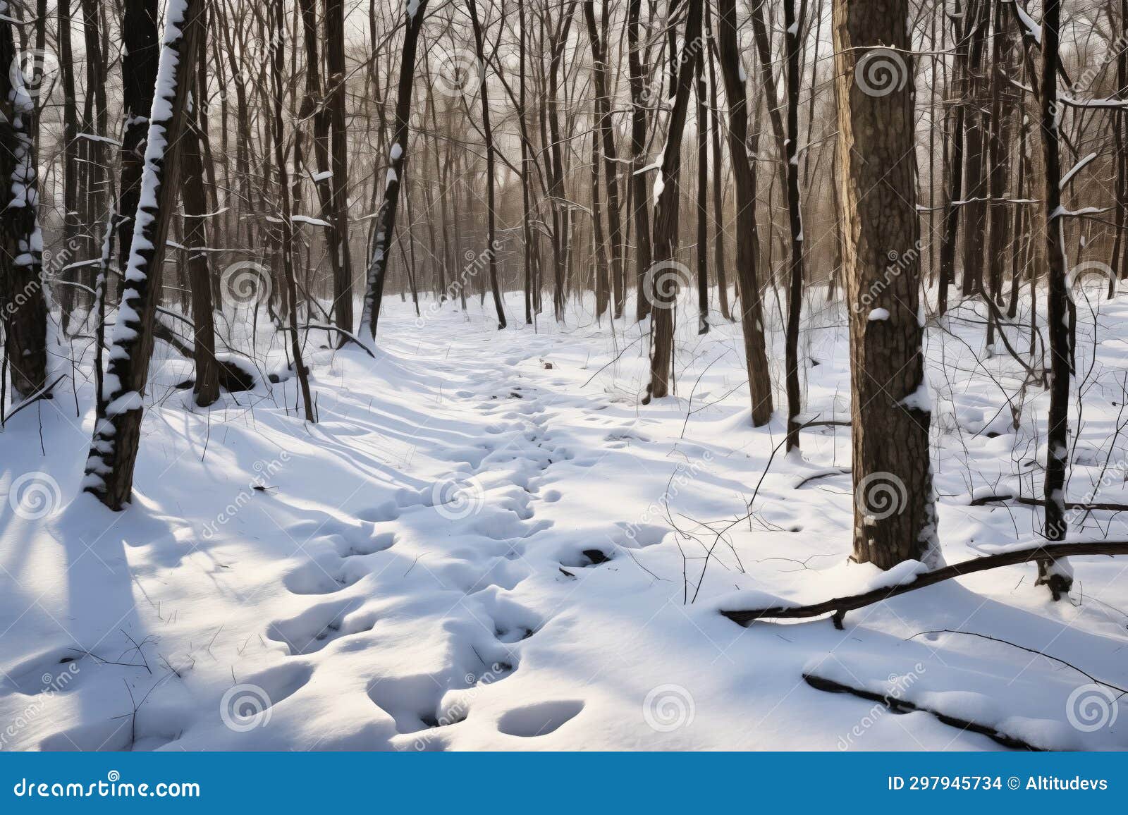 A Snow-covered Forest Path with Footprint Marks Stock Photo - Image of ...