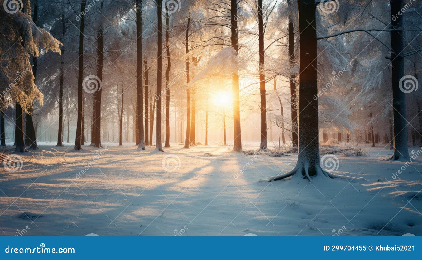A Snow-covered Forest with Sunlight Shining through the Trees Stock ...