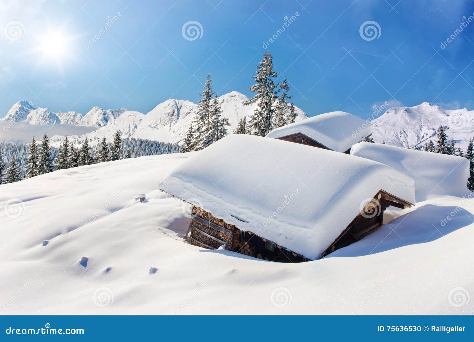 Snow Covered Huts Winter Landscape Stock Photo - Image of landscape ...