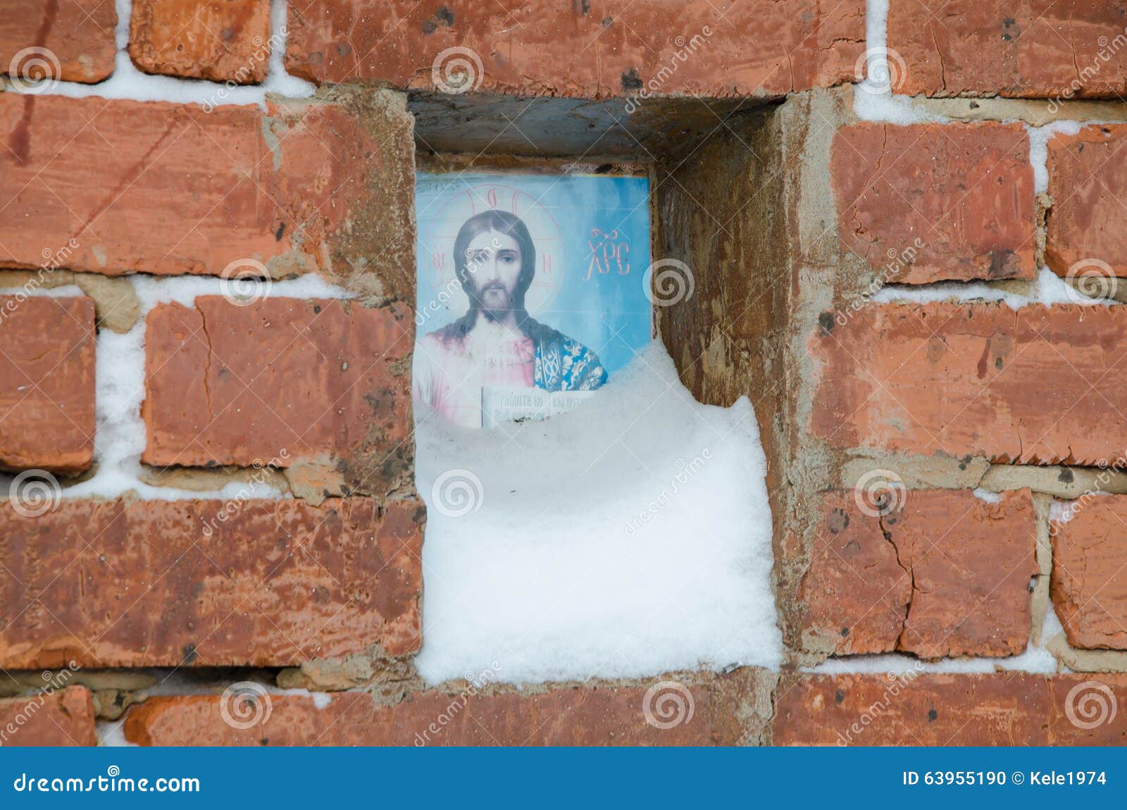 Snow-covered Icon of Jesus Christ Stock Photo - Image of cold, snow ...
