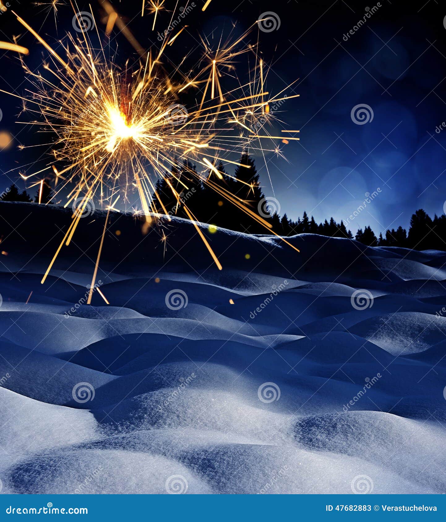 Snow Covered Landscape and Sparkler - Christmas Stock Image - Image of ...