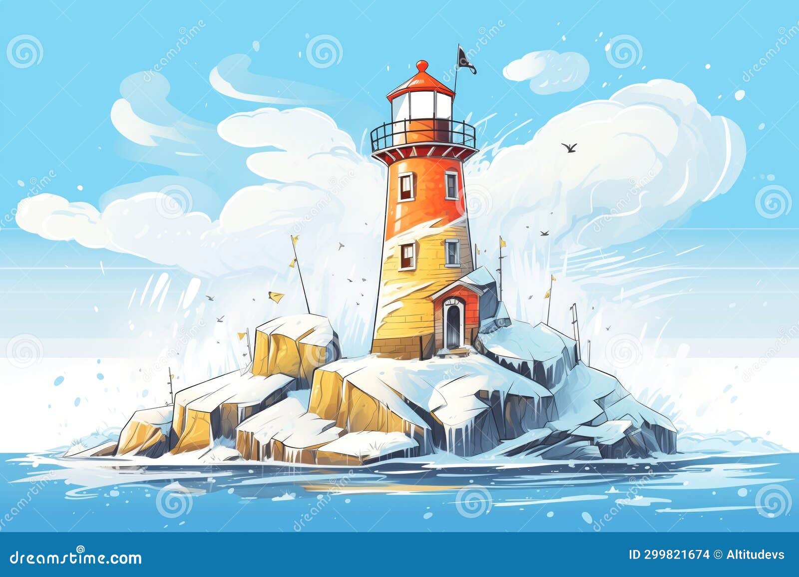 Snow-covered Lighthouse with Ice Sheets Cracking Around it Stock Photo ...