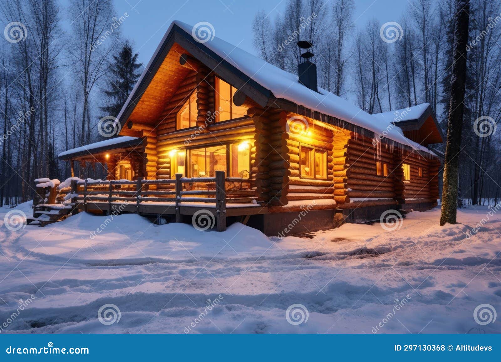 Snow-covered Log Cabin with Brightly Lit Windows Stock Photo - Image of ...