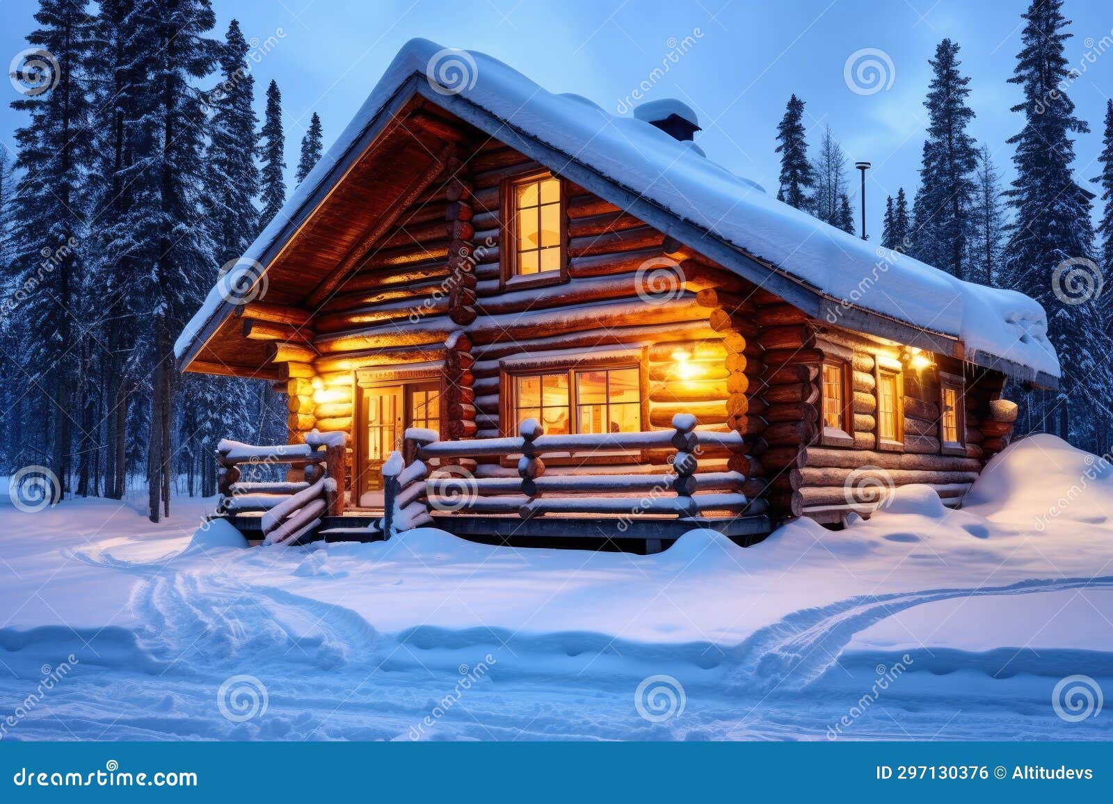 Snow-covered Log Cabin with Brightly Lit Windows Stock Photo - Image of ...