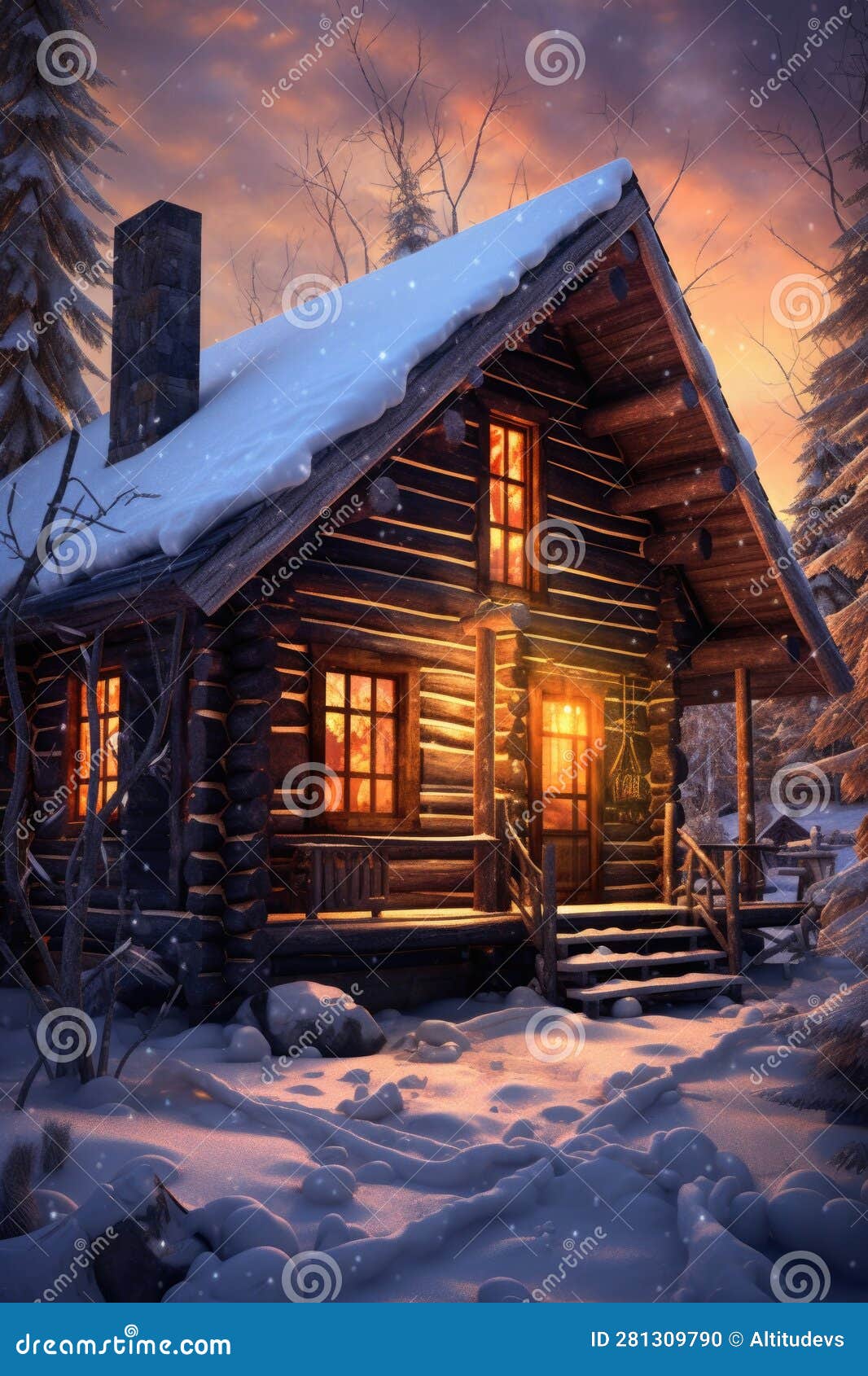 Snow-covered Log Cabin with Warm Glowing Windows Stock Illustration ...
