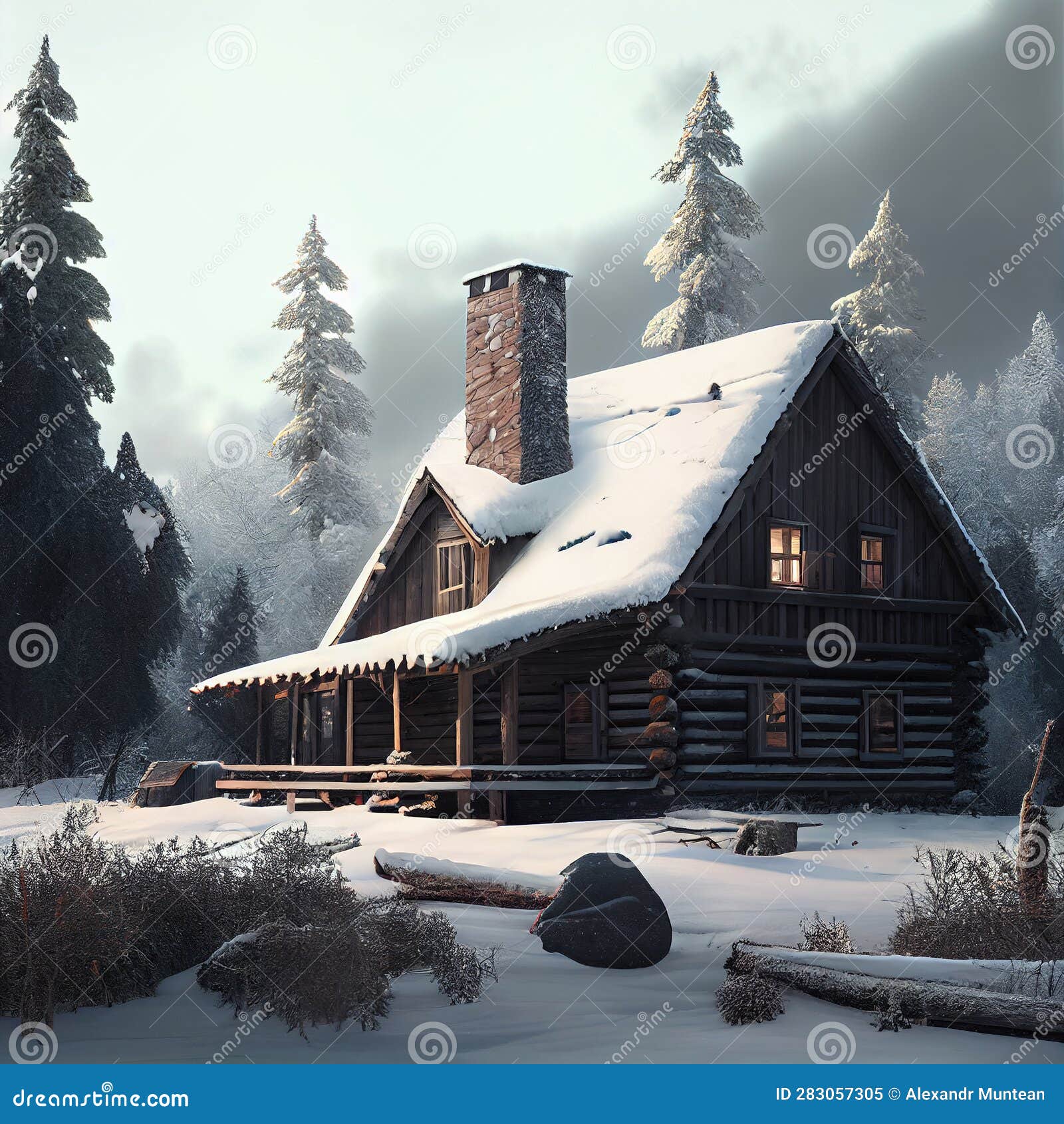 Snow Covered Log Cabin in the Woods. Stock Illustration - Illustration ...