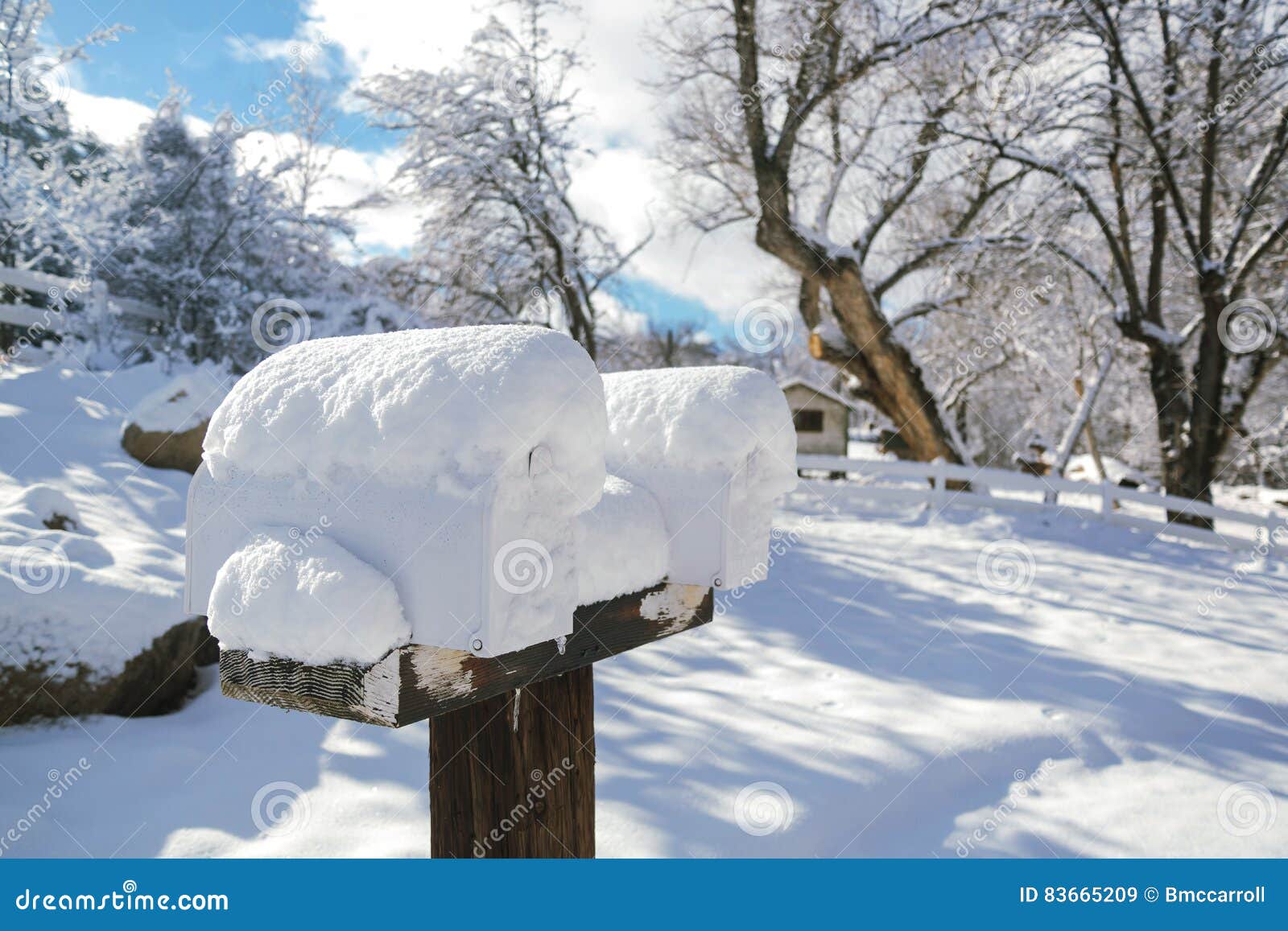 Snow Covered Mailboxes 01 stock image. Image of cloud - 83665209